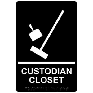 compliancesigns.com custodian closet sign, ada-compliant braille and raised letters, 9x6 in. white on black acrylic with adhesive mounting strips