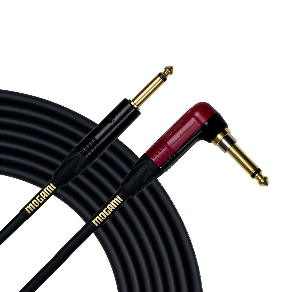 Mogami Gold INST Silent R-18 Guitar Instrument Cable, 1/4" TS Male Plugs, Gold Contacts, Right Angle silentPLUG to Straight Connectors, 18 Foot