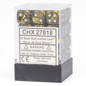 chessex dnd dice set- d&d dice-12mm leaf black, gold, and silver plastic polyhedral dice set-dungeons and dragons dice includes 36 dice – d6, various (chx27818)