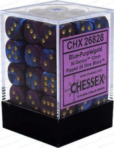 chessex gemini blue and purple with gold pips 6-sided dice, size 12mm, 36 dice block