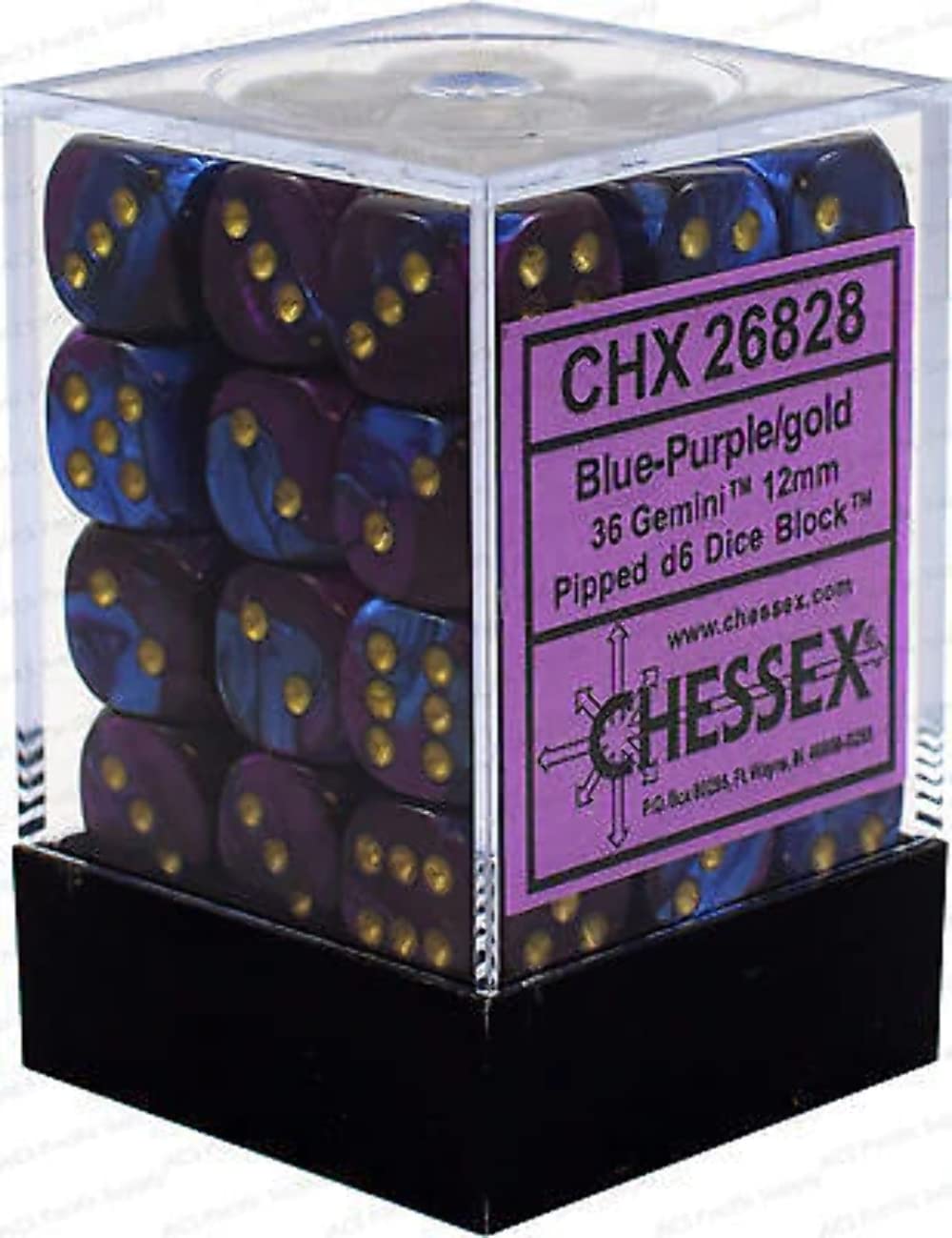 Chessex Gemini Blue and Purple with Gold Pips 6-Sided Dice, Size 12mm, 36 Dice Block