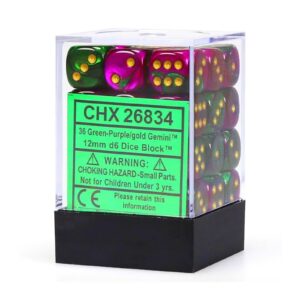 chessex dnd dice set -12mm gemini green, purple, and gold plastic polyhedral dice set-dungeons and dragons dice includes 36 dice – d6 (chx26834), small (10mm - 14mm)