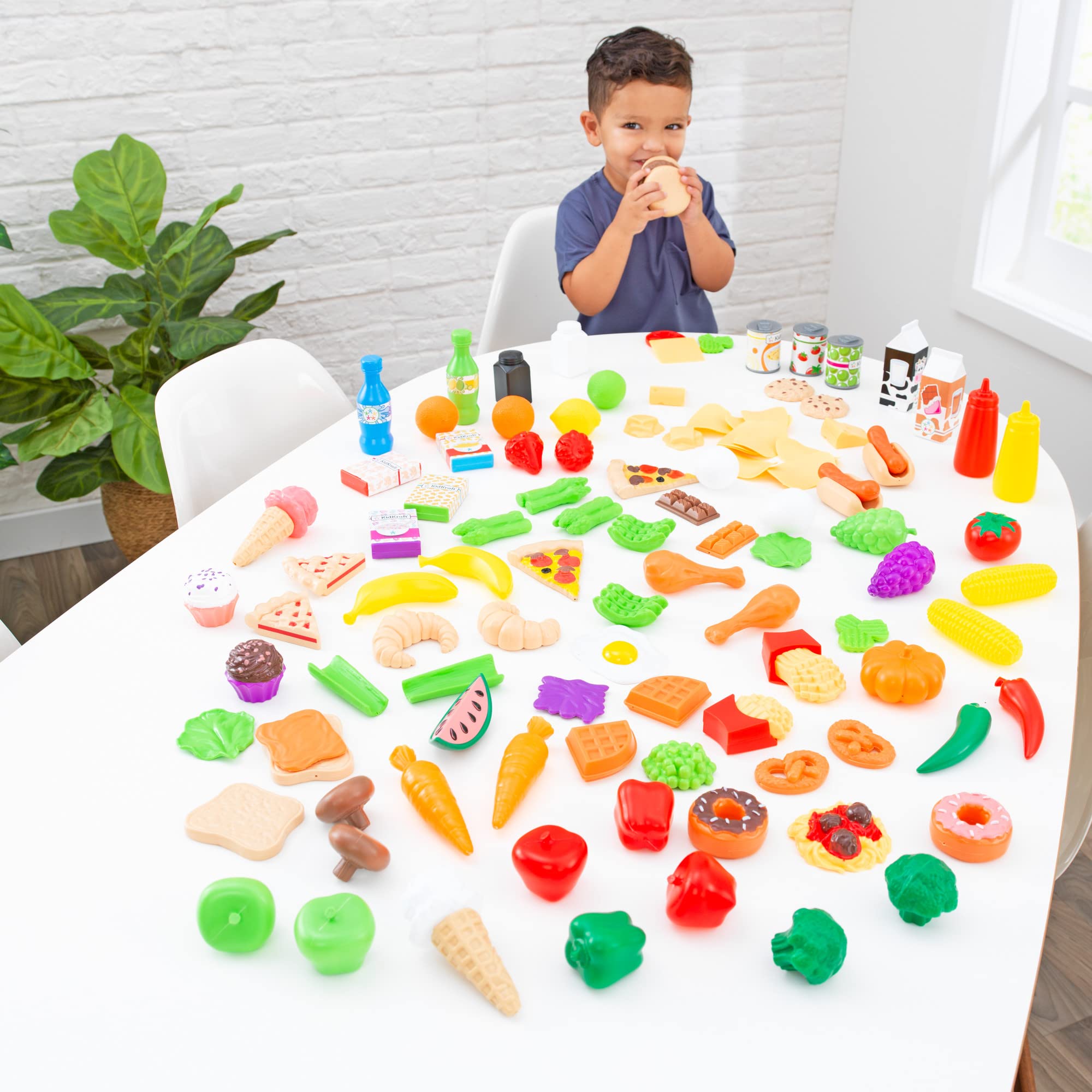 KidKraft 115-Piece Deluxe Tasty Treats Pretend Play Food Set, Plastic Grocery and Pantry Items, Gift for Ages 3+