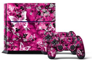 ps4 console designer skin for sony playstation 4 system plus two(2) decals for: ps4 dualshock controller pink butterflies