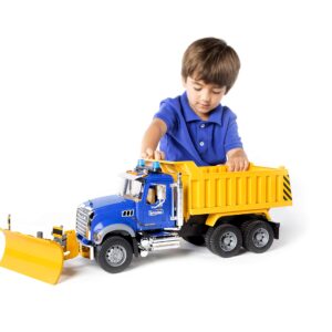 Bruder 02825 Mack Granite Dump Truck with Snow Plow Blade for Construction and Farm Pretend Play with Light & Sound Module