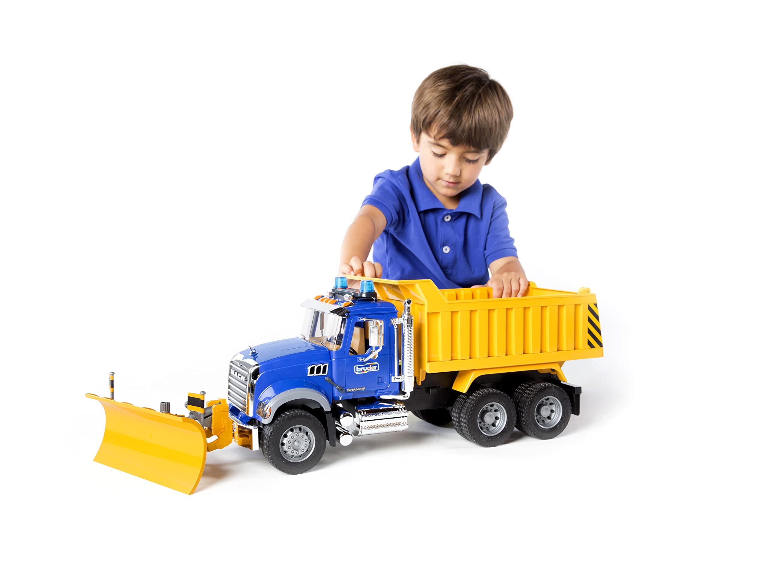 Bruder 02825 Mack Granite Dump Truck with Snow Plow Blade for Construction and Farm Pretend Play with Light & Sound Module