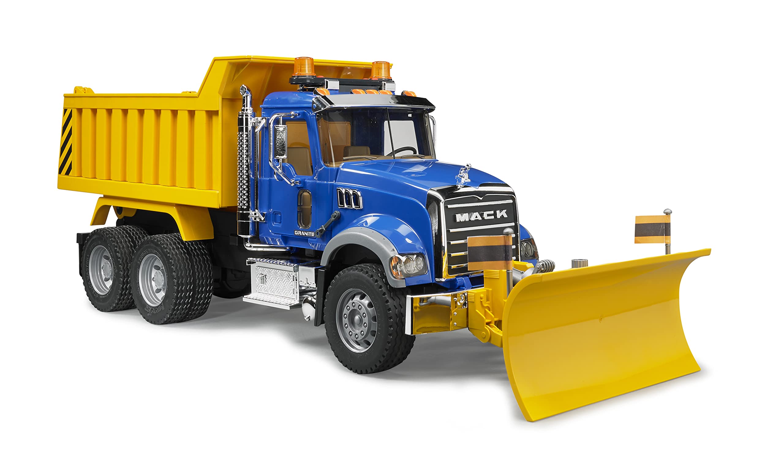 Bruder 02825 Mack Granite Dump Truck with Snow Plow Blade for Construction and Farm Pretend Play with Light & Sound Module