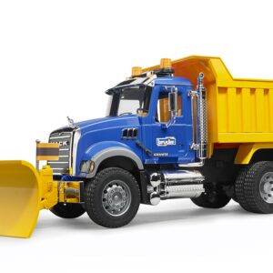 Bruder 02825 Mack Granite Dump Truck with Snow Plow Blade for Construction and Farm Pretend Play with Light & Sound Module