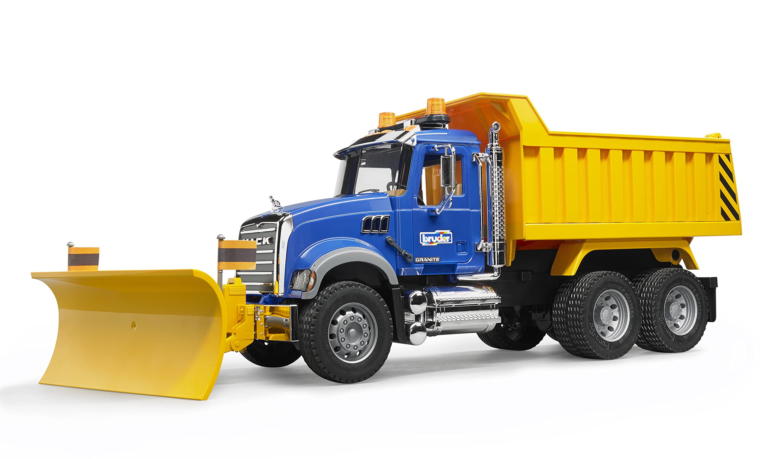 Bruder 02825 Mack Granite Dump Truck with Snow Plow Blade for Construction and Farm Pretend Play with Light & Sound Module