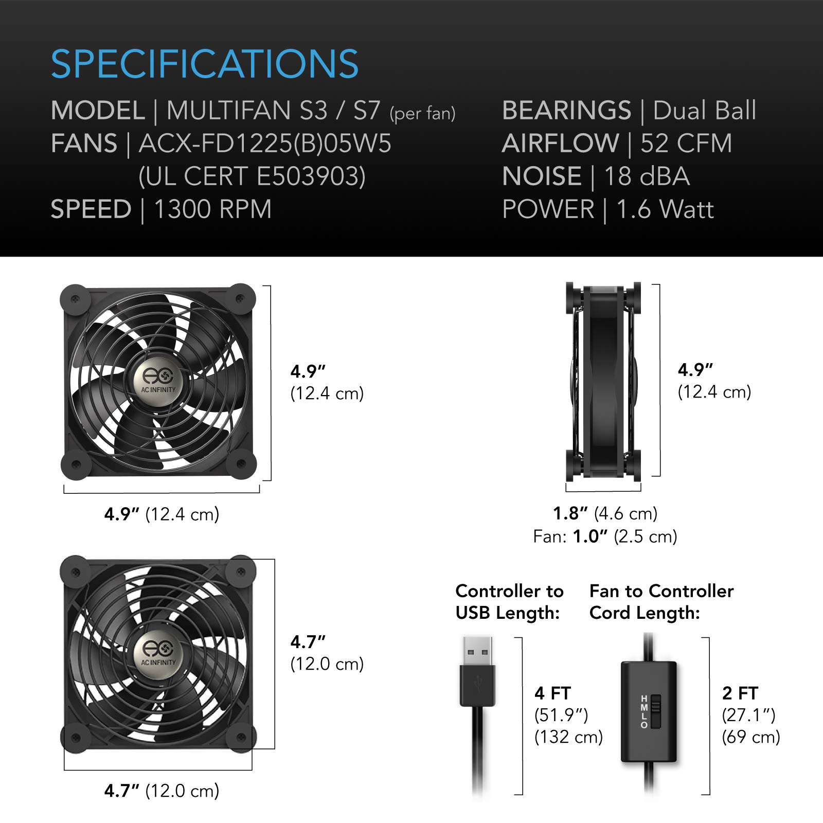 AC Infinity MULTIFAN S7, Quiet Dual 120mm USB Fan, UL-Certified for Receiver DVR PlayStation Xbox Computer Cabinet Cooling