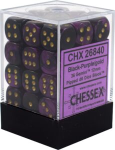 chessex dnd dice set- d&d dice-12mm gemini black, purple, and gold polyhedral dice set-dungeons and dragons dice includes 36 dice – d6, various, (chx26840)