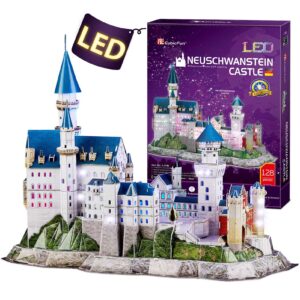 cubicfun 3d led castle puzzles for adults and kids, germany architectures building model kits toys gifts for women and men, multi-color lights neuschwanstein castle 128 pieces