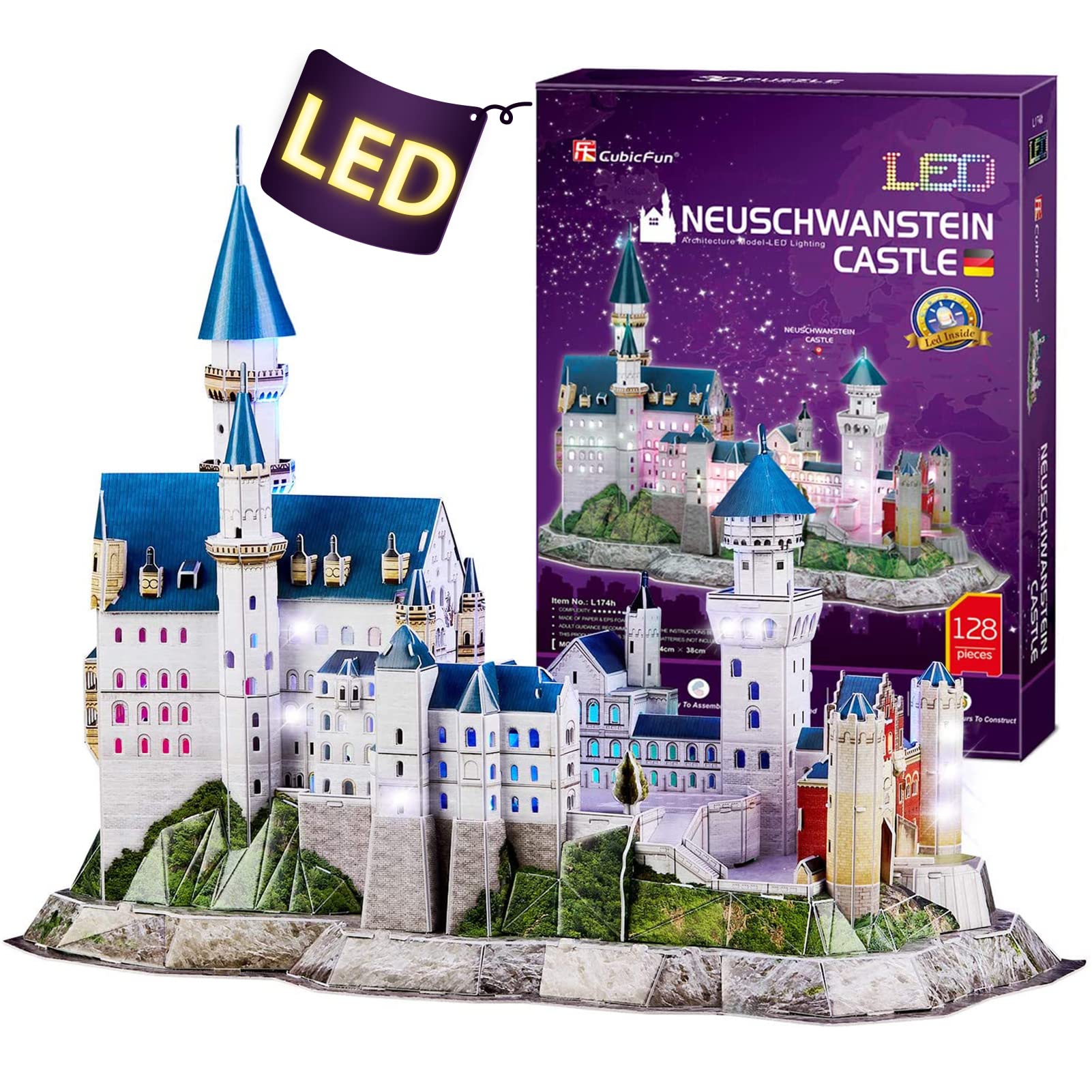 CubicFun 3D LED Castle Puzzles for Adults and Kids, Germany Architectures Building Model Kits Toys Gifts for Women and Men, Multi-Color Lights Neuschwanstein Castle 128 Pieces