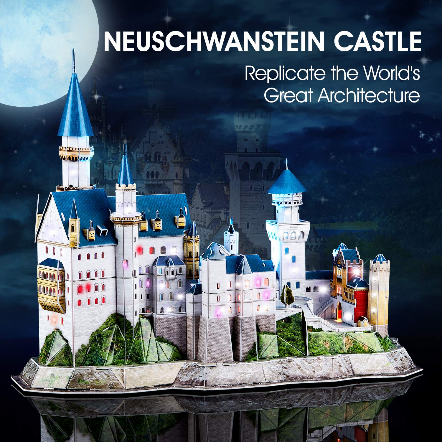 CubicFun 3D LED Castle Puzzles for Adults and Kids, Germany Architectures Building Model Kits Toys Gifts for Women and Men, Multi-Color Lights Neuschwanstein Castle 128 Pieces