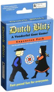 dutch blitz: expansion pack, use expansion pack alone or with original deck to play with 2-4 players, 4 new card colors, fast paced fun for everyone, for ages 8 and up