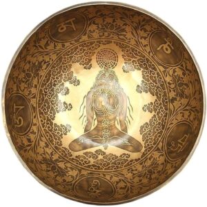 NHH 12 Inches Healing Mantra Carved Meditation Tibetan Singing Bowl, Hand Hammered Singing Bowls with Cushion & Mallet Striker