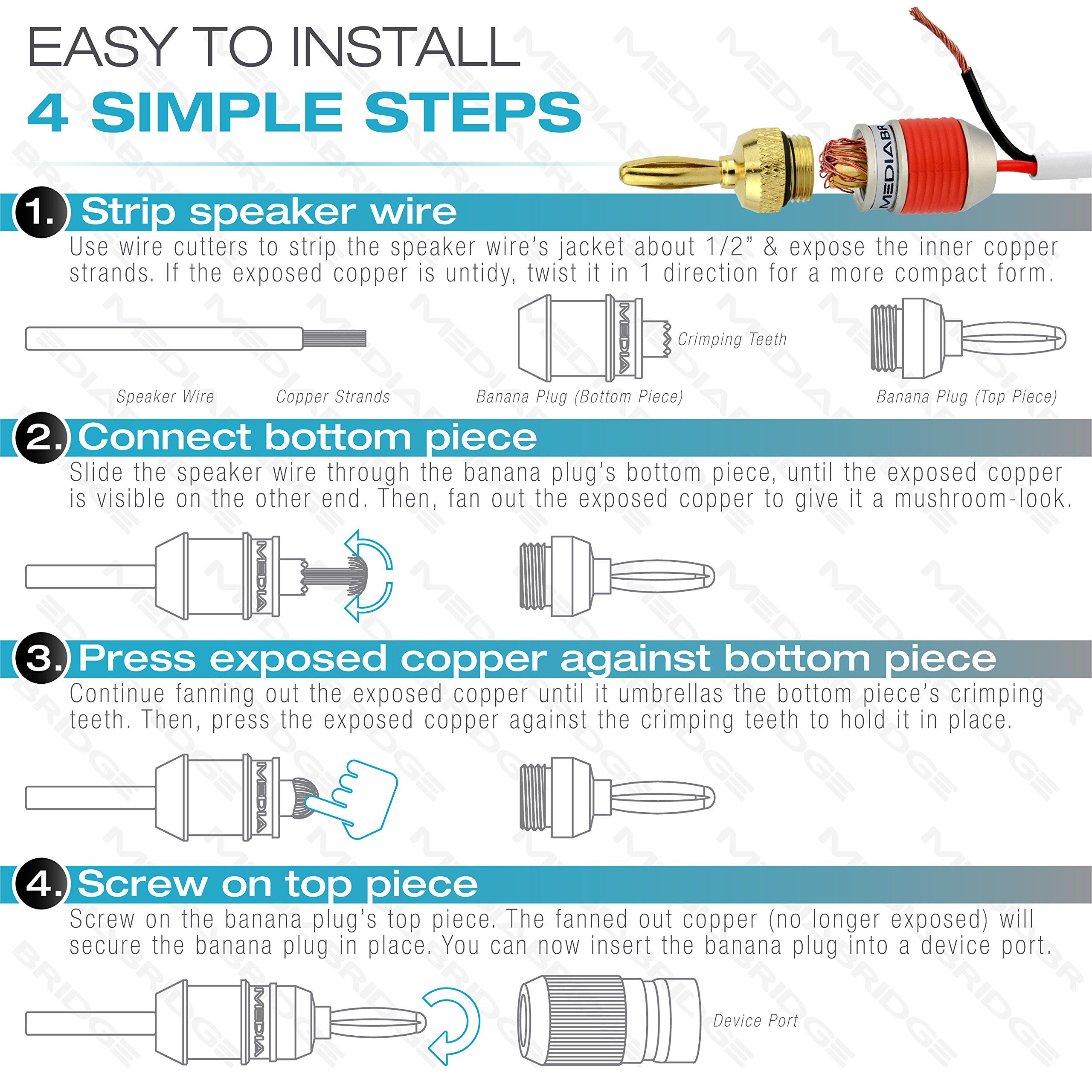 Mediabridge Banana Plugs - Corrosion-Resistant 24K Gold-Plated Connectors - (6 Pair) - Solderless Termination of Speaker Wire