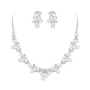 ever faith women's 1920s vintage victorian jewelry, white simulated pearl vine leaf bowknot wedding bridal necklace earrings set for bride, bridesmaids silver-tone