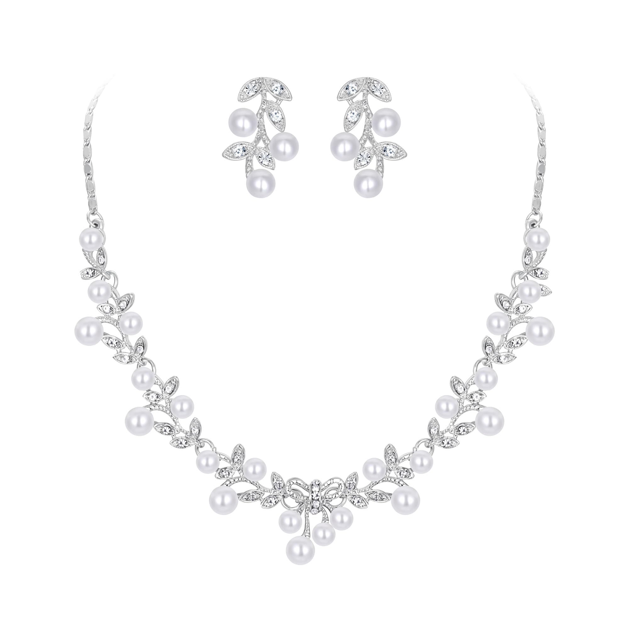 EVER FAITH Women's 1920s Vintage Victorian Jewelry, White Simulated Pearl Vine Leaf Bowknot Wedding Bridal Necklace Earrings Set for Bride, Bridesmaids Silver-Tone