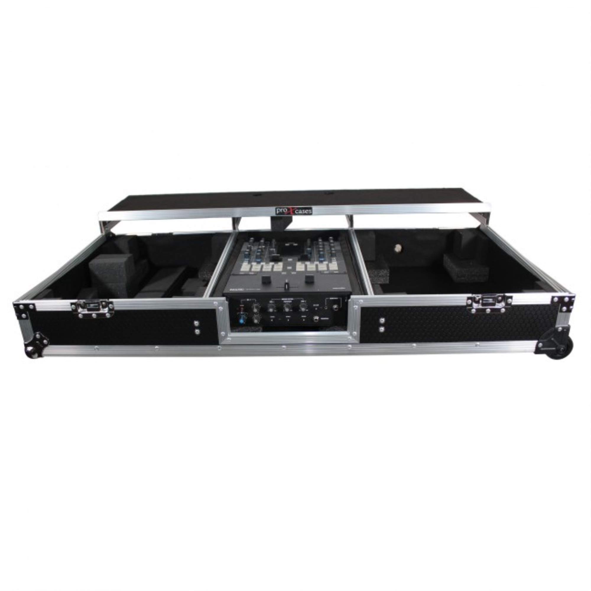 ProX XS-TMC1012WLTFBTL Flight Case+Shelf+Wheels for (2) Turntables+10"/12" Mixers