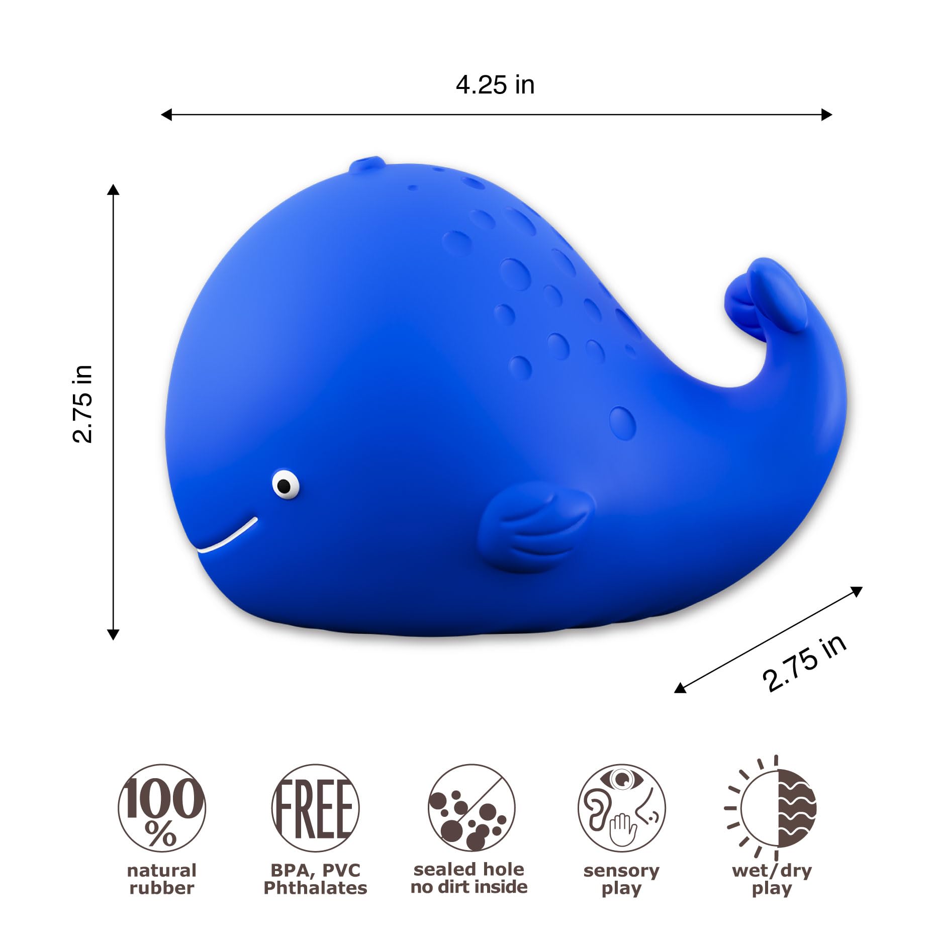 caaocho Pure Natural Rubber Bath Toy - Kala The Whale Baby Toy - Hole Free Bath Toys, BPA Free Bath Toys for Infants, Without Holes Sealed Natural Rubber Baby Toy