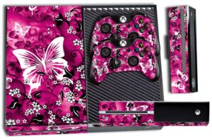 designer skin sticker for the xbox one console with two wireless controller decals pink butterflies