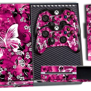 Designer Skin Sticker for the Xbox One Console With Two Wireless Controller Decals Pink Butterflies