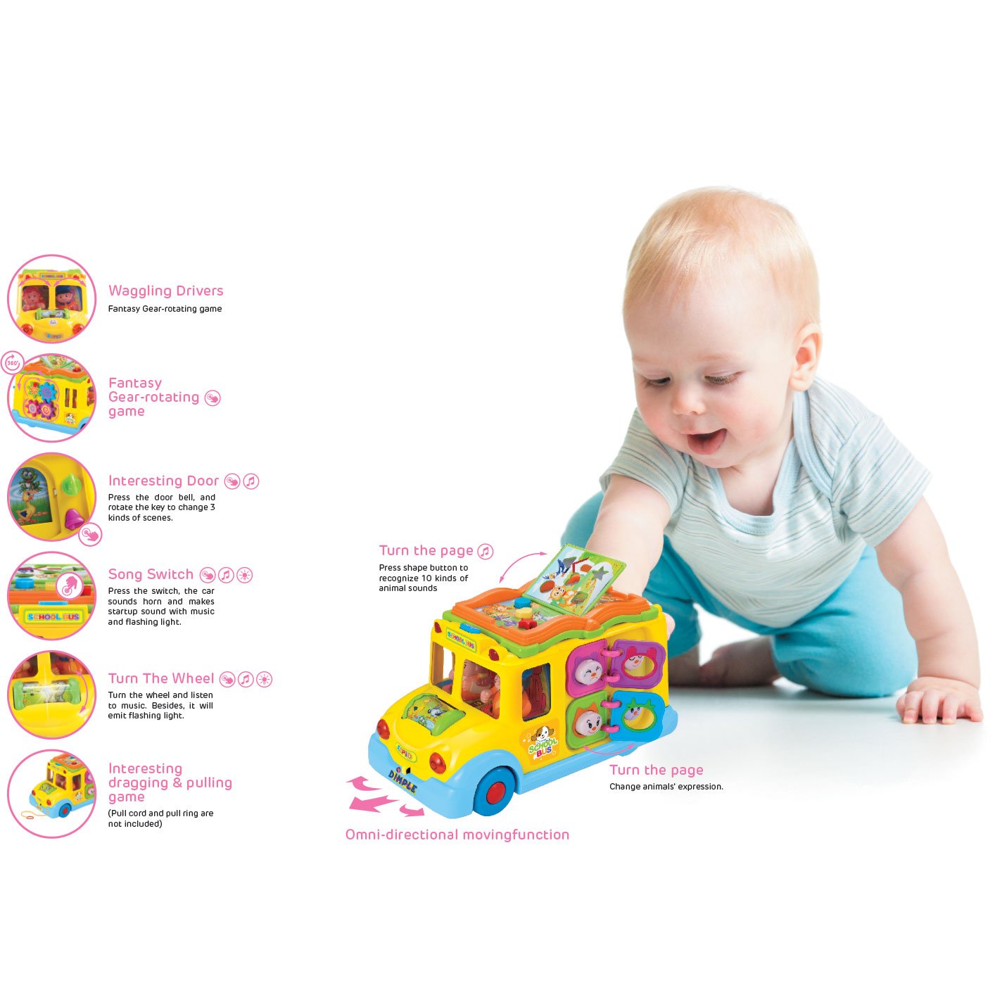 Dimple Educational Interactive School Bus Toy with Tons of Flashing Lights, Sounds, Responsive Gears and Knobs to Play with, Tons of Fun for Toddlers for Kids (Single)