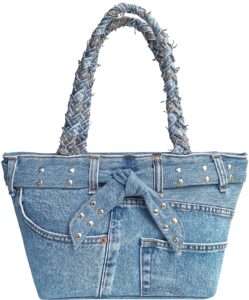 upcycling blue denim jeans trapeze bag silver stud bow-tied braided strap top-handle handbag purse for women