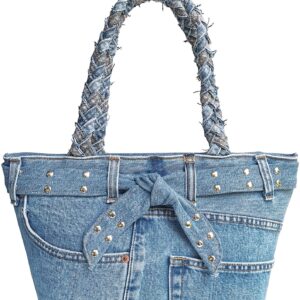 Upcycling Blue Denim Jeans Trapeze Bag Silver Stud Bow-Tied Braided Strap Top-Handle Handbag Purse for Women