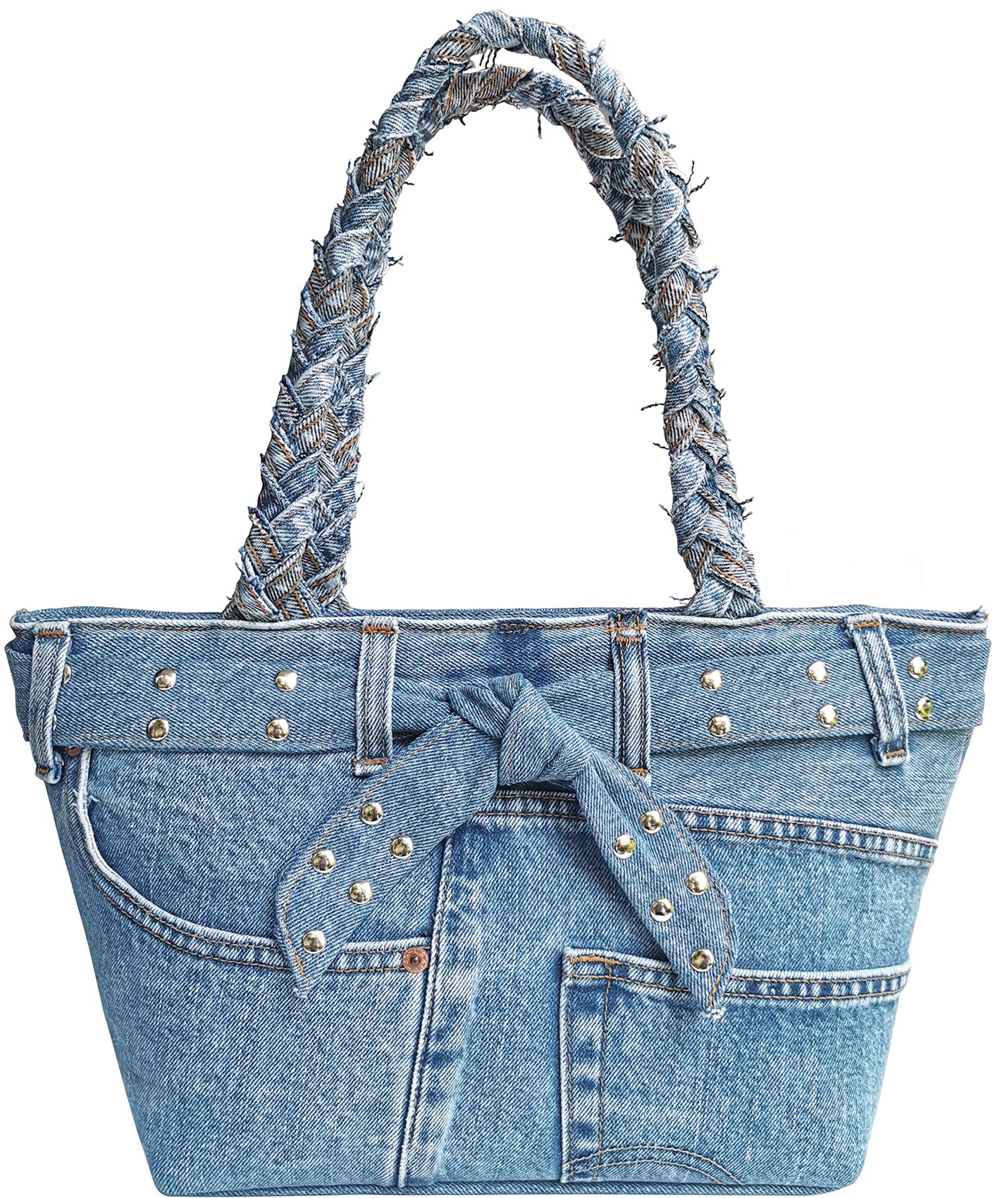 Upcycling Blue Denim Jeans Trapeze Bag Silver Stud Bow-Tied Braided Strap Top-Handle Handbag Purse for Women