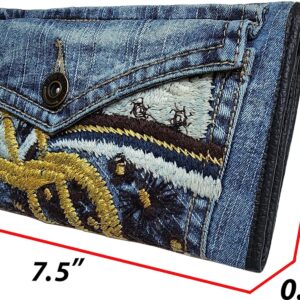 Bijoux de Ja Upcycling Blue Denim Embroidery Flap Cover Pocket Money Long Wallet Purse Clutch for Women (RANDOM)