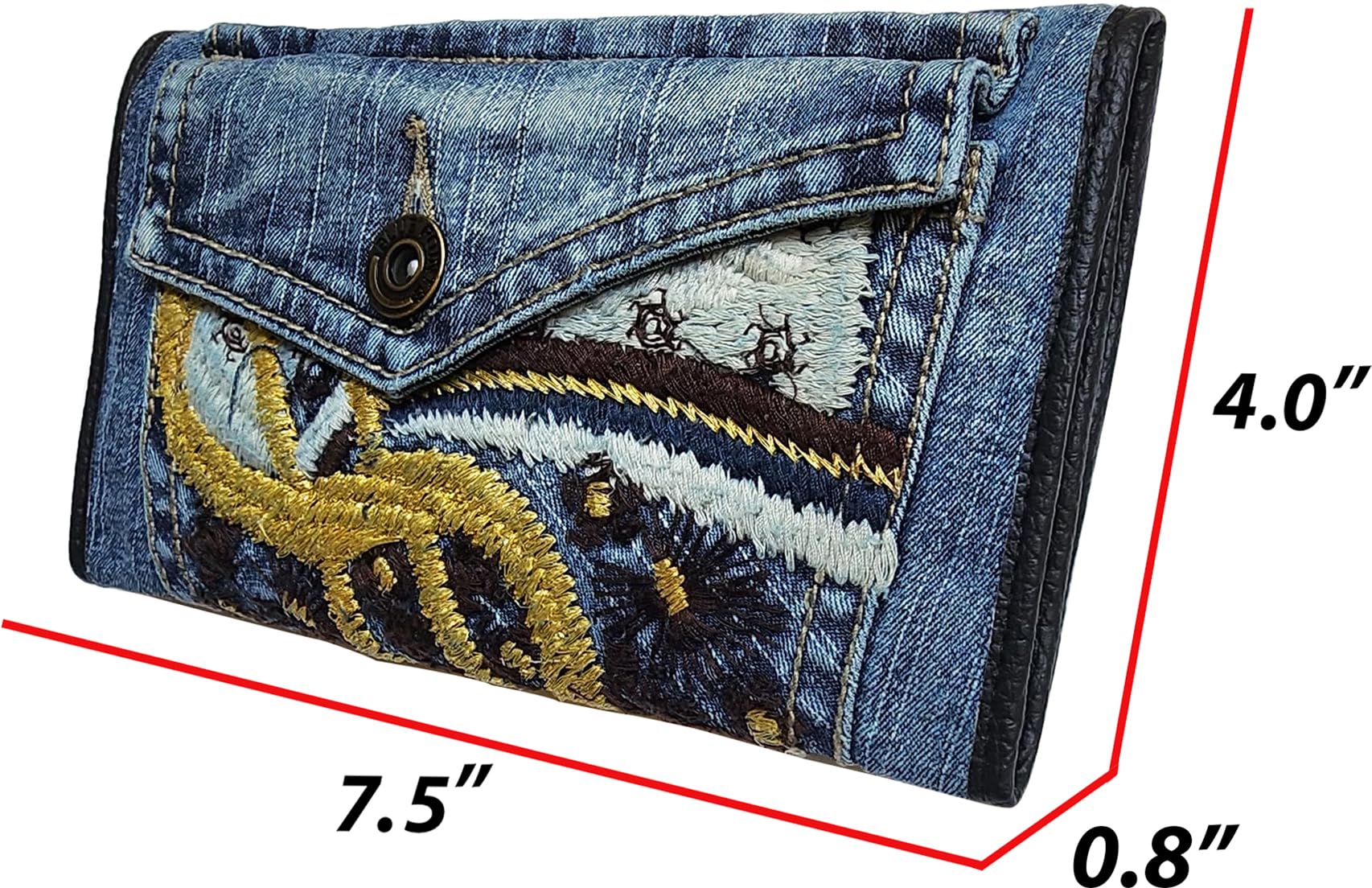 Bijoux de Ja Upcycling Blue Denim Embroidery Flap Cover Pocket Money Long Wallet Purse Clutch for Women (RANDOM)