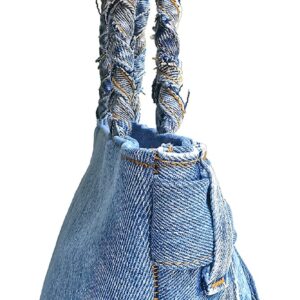 Upcycling Blue Denim Jeans Trapeze Bag Silver Stud Bow-Tied Braided Strap Top-Handle Handbag Purse for Women