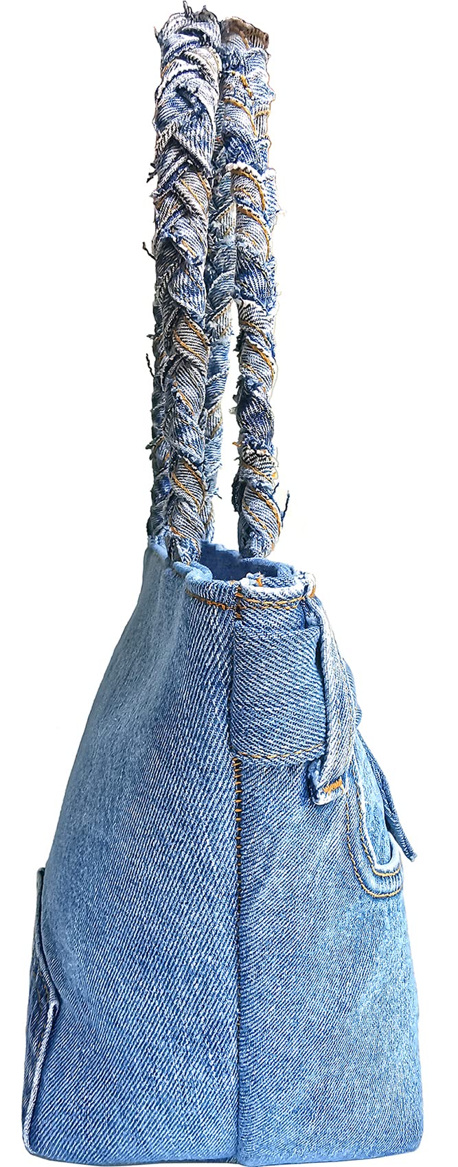 Upcycling Blue Denim Jeans Trapeze Bag Silver Stud Bow-Tied Braided Strap Top-Handle Handbag Purse for Women