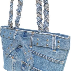 Upcycling Blue Denim Jeans Trapeze Bag Silver Stud Bow-Tied Braided Strap Top-Handle Handbag Purse for Women