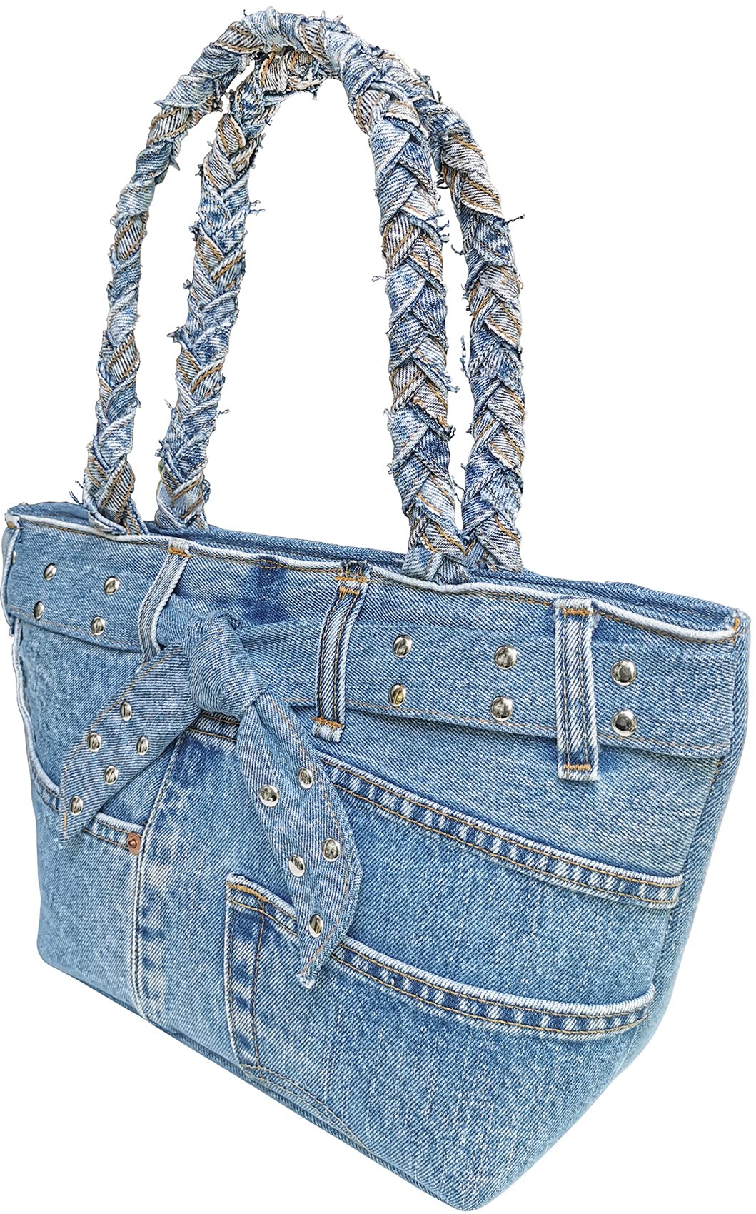 Upcycling Blue Denim Jeans Trapeze Bag Silver Stud Bow-Tied Braided Strap Top-Handle Handbag Purse for Women