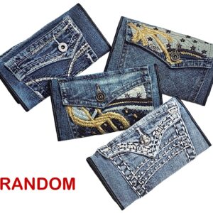 Bijoux de Ja Upcycling Blue Denim Embroidery Flap Cover Pocket Money Long Wallet Purse Clutch for Women (RANDOM)