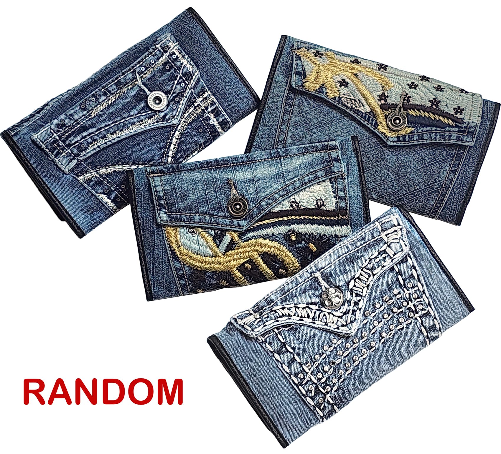 Bijoux de Ja Upcycling Blue Denim Embroidery Flap Cover Pocket Money Long Wallet Purse Clutch for Women (RANDOM)