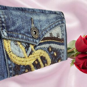 Bijoux de Ja Upcycling Blue Denim Embroidery Flap Cover Pocket Money Long Wallet Purse Clutch for Women (RANDOM)