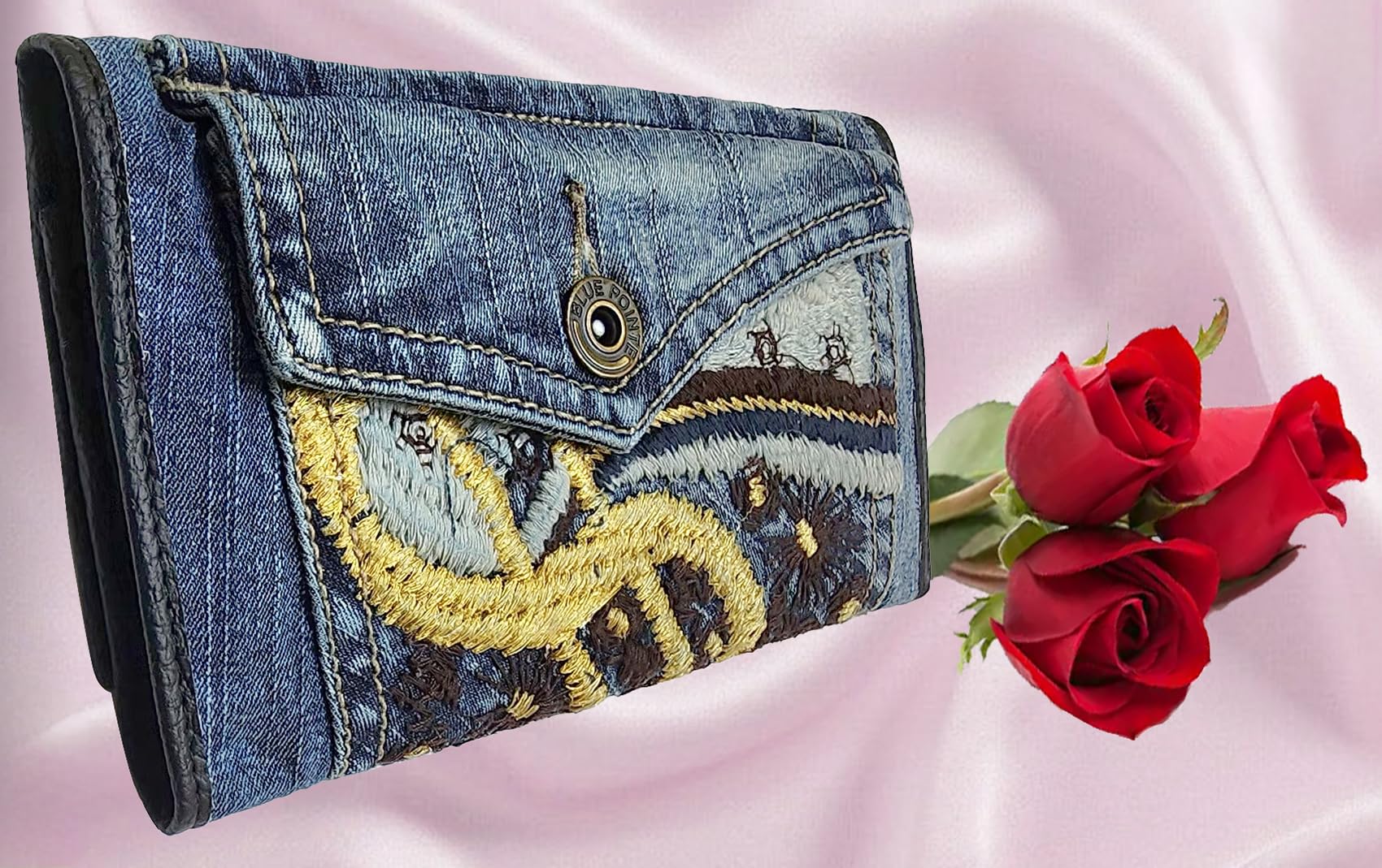 Bijoux de Ja Upcycling Blue Denim Embroidery Flap Cover Pocket Money Long Wallet Purse Clutch for Women (RANDOM)