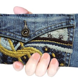 Bijoux de Ja Upcycling Blue Denim Embroidery Flap Cover Pocket Money Long Wallet Purse Clutch for Women (RANDOM)