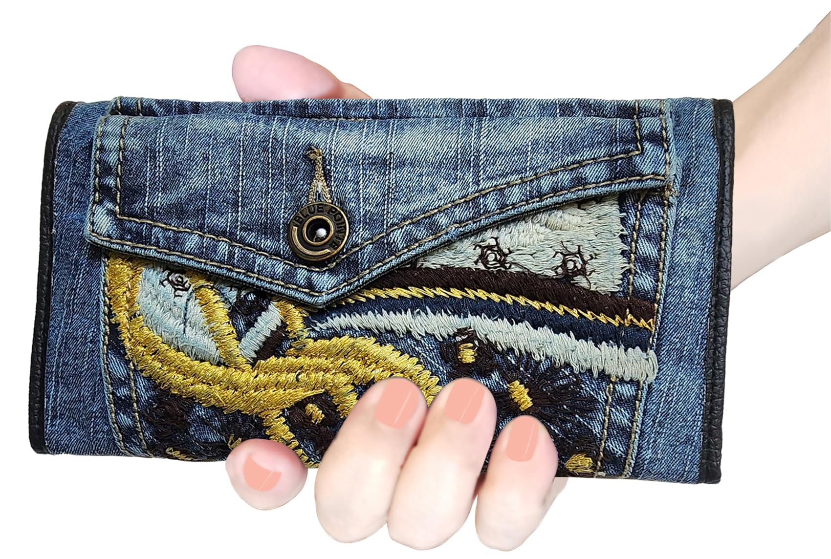 Bijoux de Ja Upcycling Blue Denim Embroidery Flap Cover Pocket Money Long Wallet Purse Clutch for Women (RANDOM)