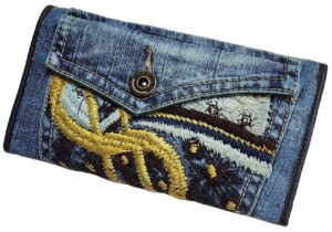 bijoux de ja upcycling blue denim embroidery flap cover pocket money long wallet purse clutch for women (random)