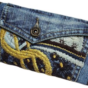 Bijoux de Ja Upcycling Blue Denim Embroidery Flap Cover Pocket Money Long Wallet Purse Clutch for Women (RANDOM)