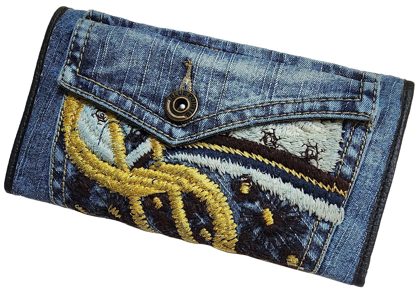 Bijoux de Ja Upcycling Blue Denim Embroidery Flap Cover Pocket Money Long Wallet Purse Clutch for Women (RANDOM)