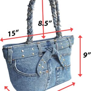 Upcycling Blue Denim Jeans Trapeze Bag Silver Stud Bow-Tied Braided Strap Top-Handle Handbag Purse for Women