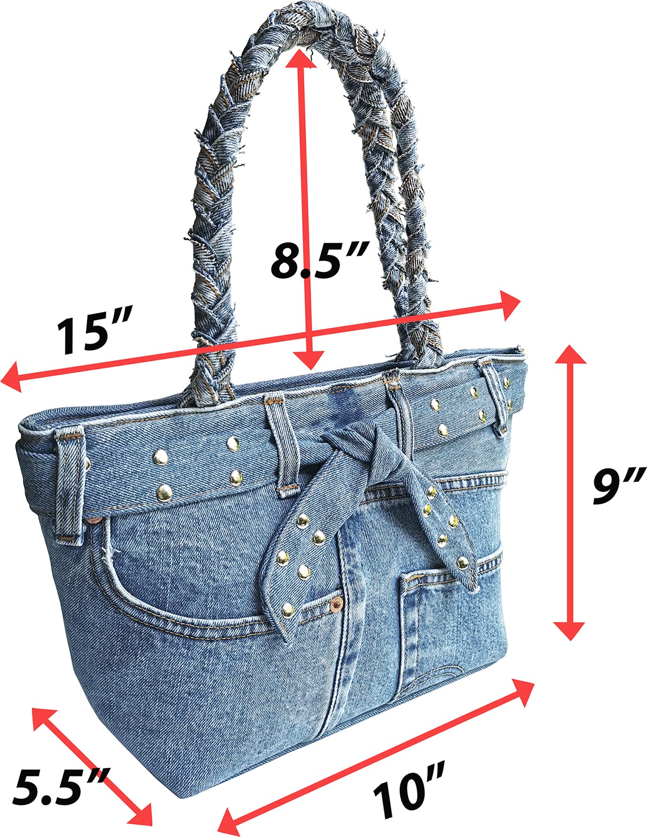 Upcycling Blue Denim Jeans Trapeze Bag Silver Stud Bow-Tied Braided Strap Top-Handle Handbag Purse for Women