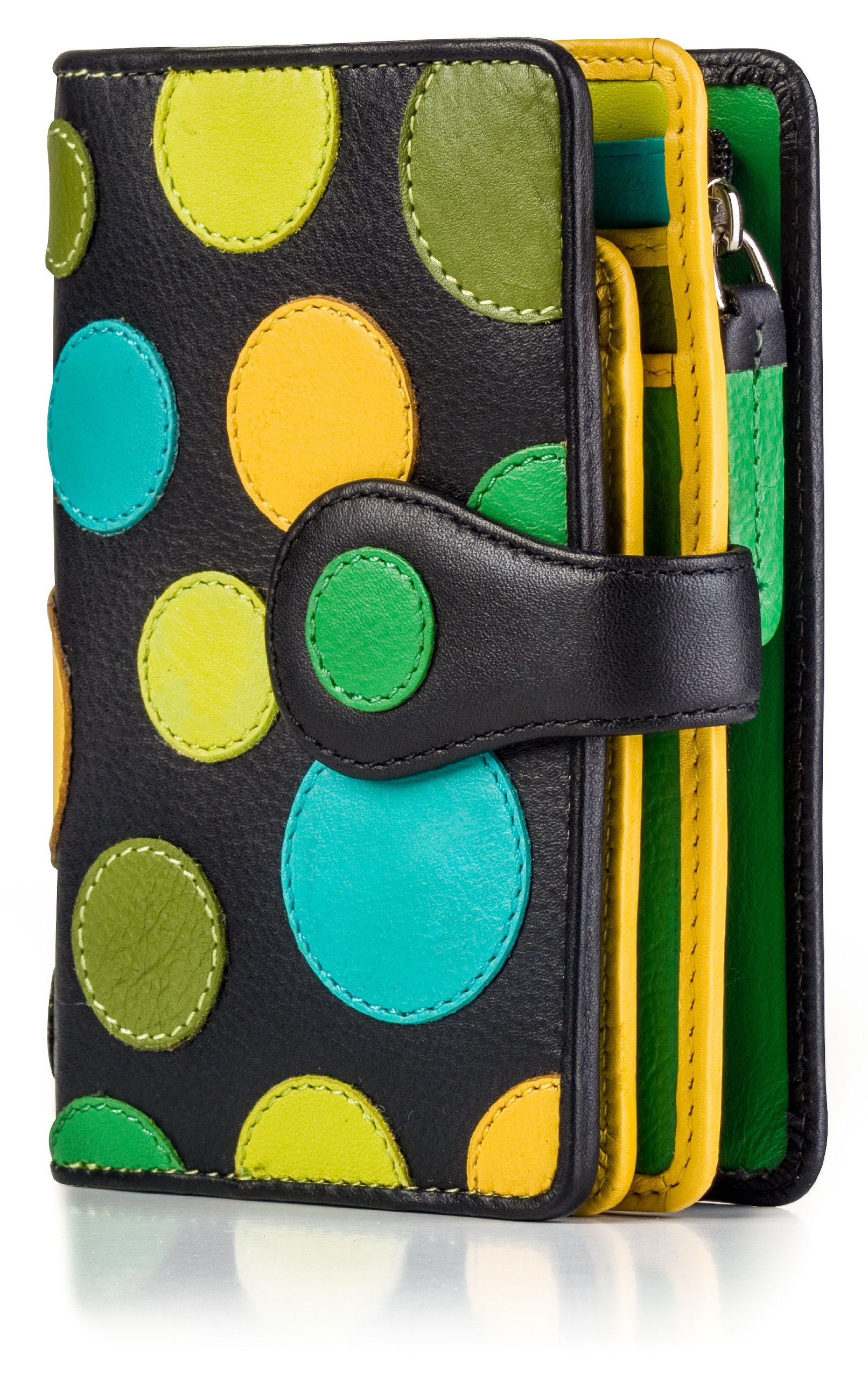 Visconti P1 Saturn Ladies Soft Leather Large Bifold Wallet/Purse with Polka Dots (Lily Pad)