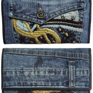 Bijoux de Ja Upcycling Blue Denim Embroidery Flap Cover Pocket Money Long Wallet Purse Clutch for Women (RANDOM)